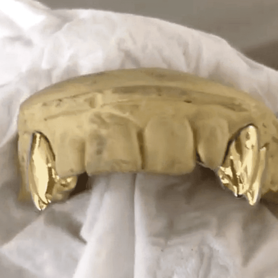 10K Gold Double Teeth Caps Vampire Fangs Custom Grillz