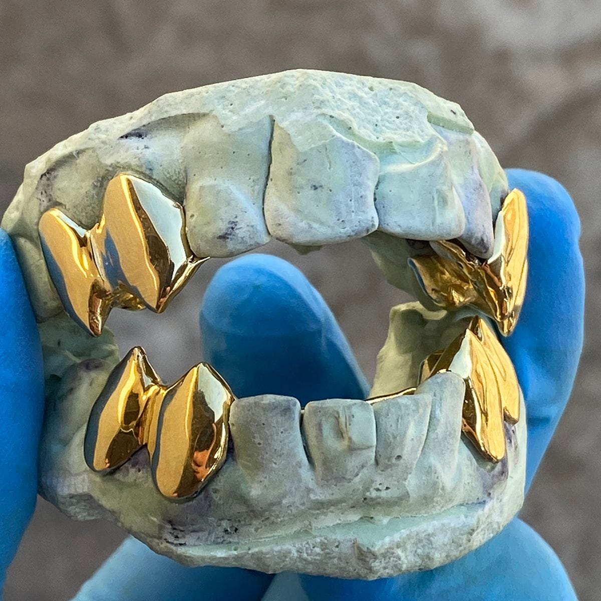 10K Gold Double Teeth Caps Vampire Fangs Custom Grillz