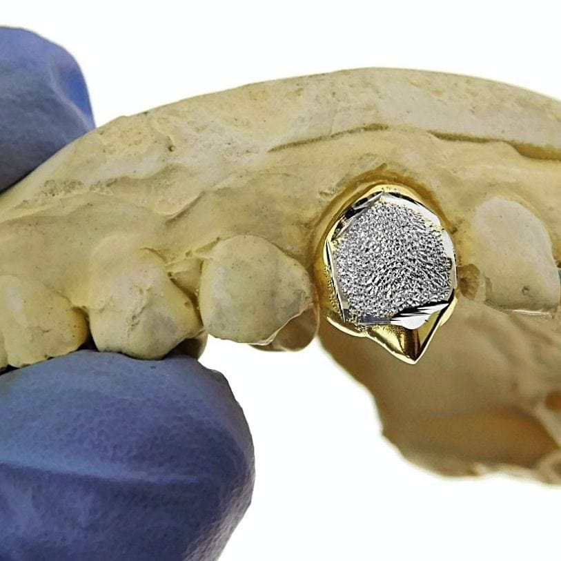 10K Gold or 14K Gold Single Canine Vampire Fang Tooth Two-Tone w/Diamo