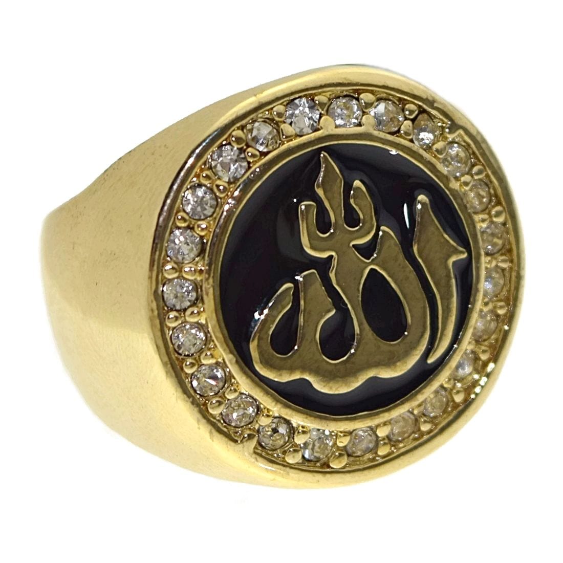 Allah Symbol Black Oil Round Gold Finish Ring