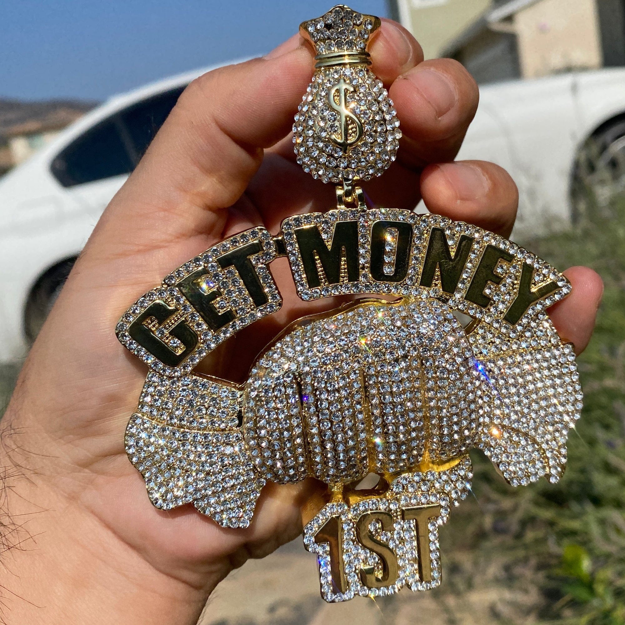 14k Gold Finish "Get Money 1st" Cash Fist Jumbo Pendant