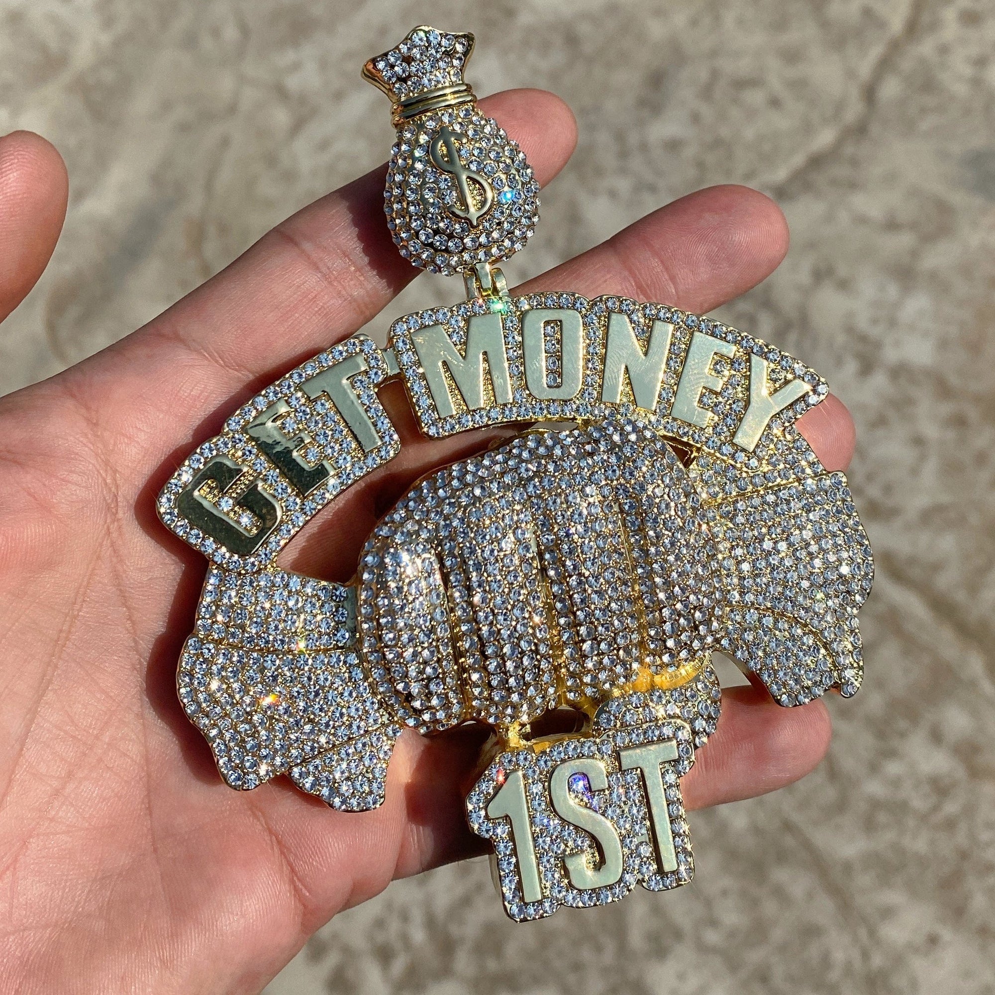 14k Gold Finish "Get Money 1st" Cash Fist Jumbo Pendant