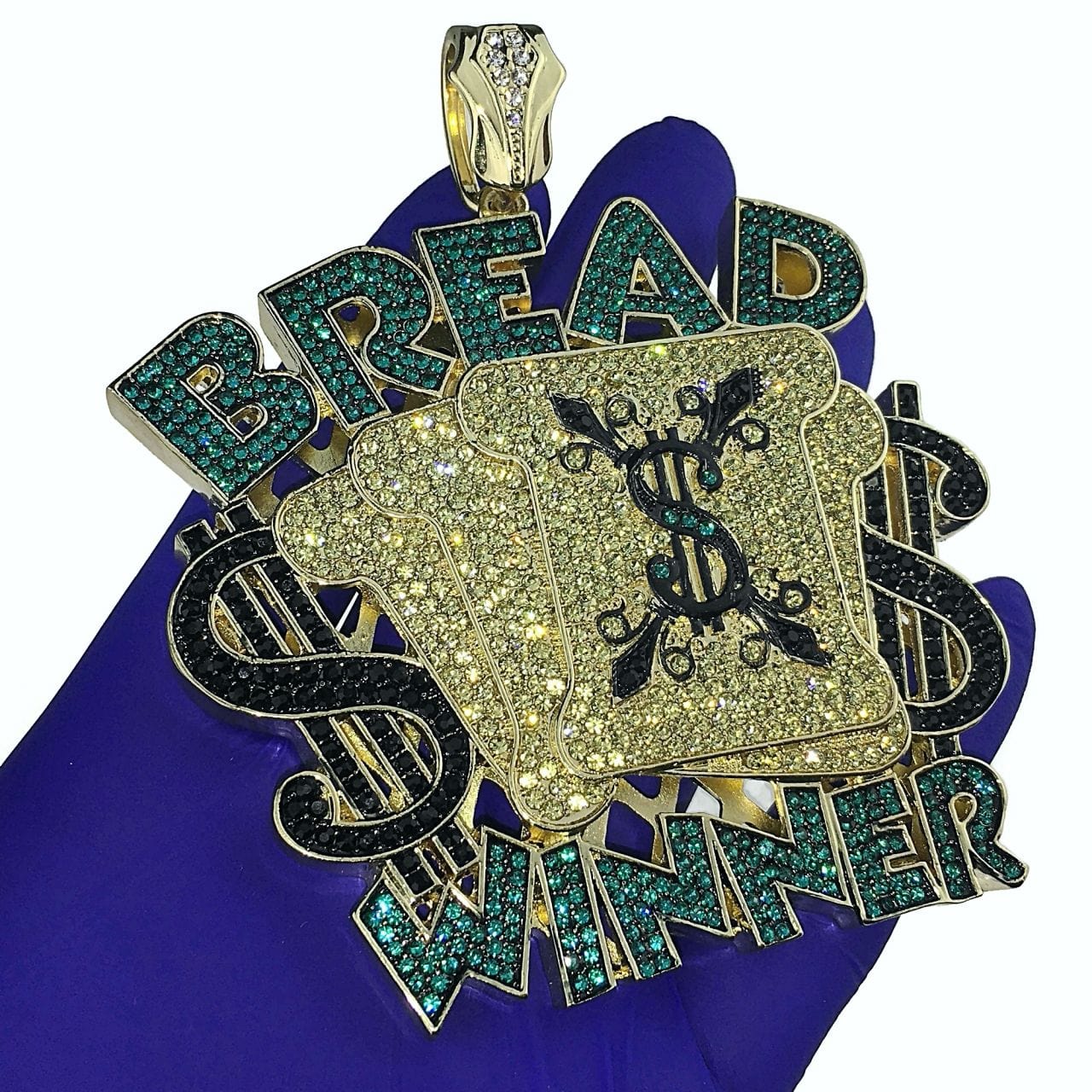 14K Gold Finish Huge Bread Winner Micro Pave Pendant