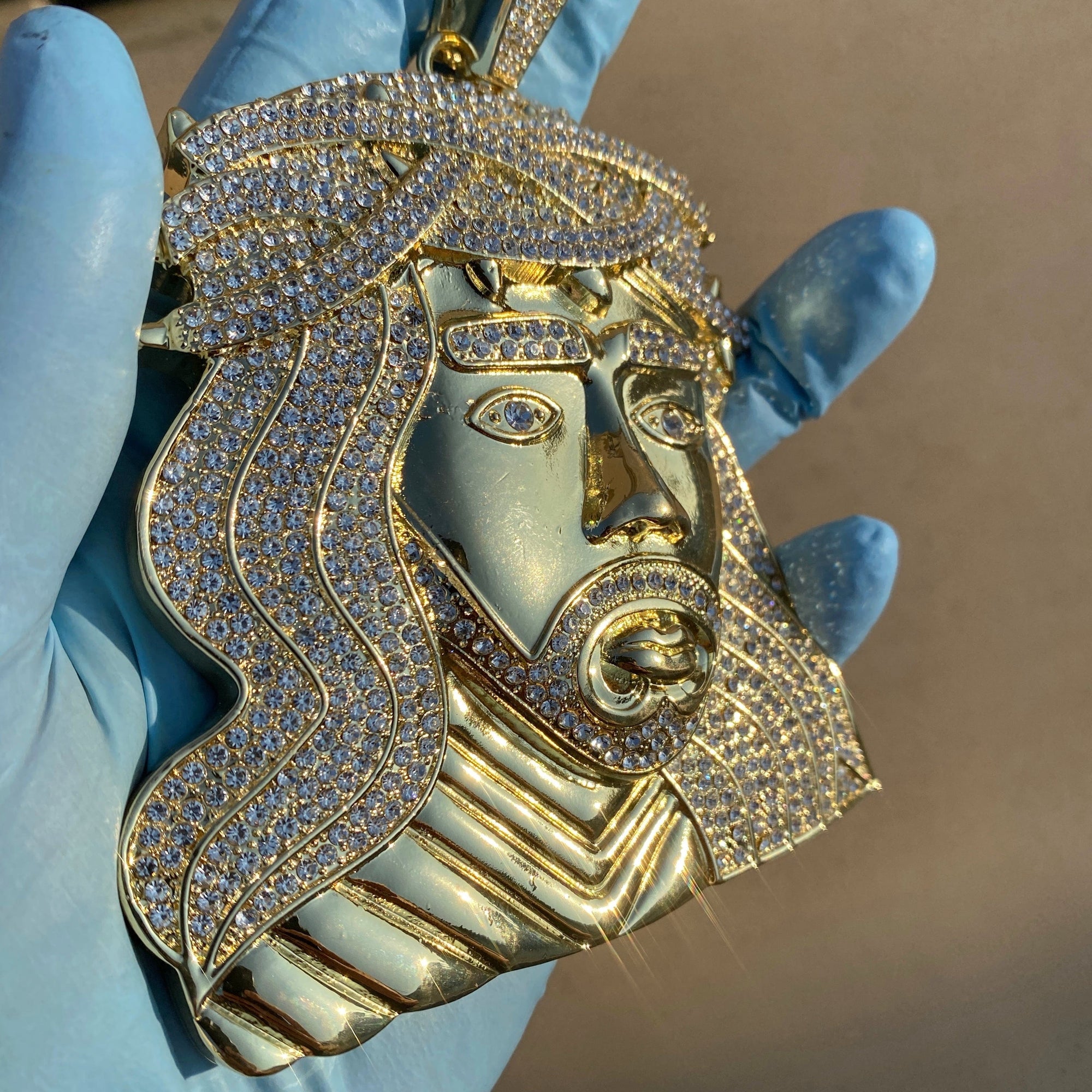 14K Gold Finish Jesus Head Huge Jumbo Pendant Iced Eyebrows