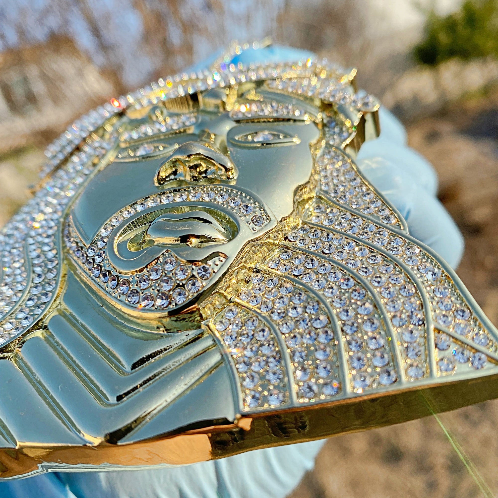 14K Gold Finish Jesus Head Huge Jumbo Pendant Iced Eyebrows