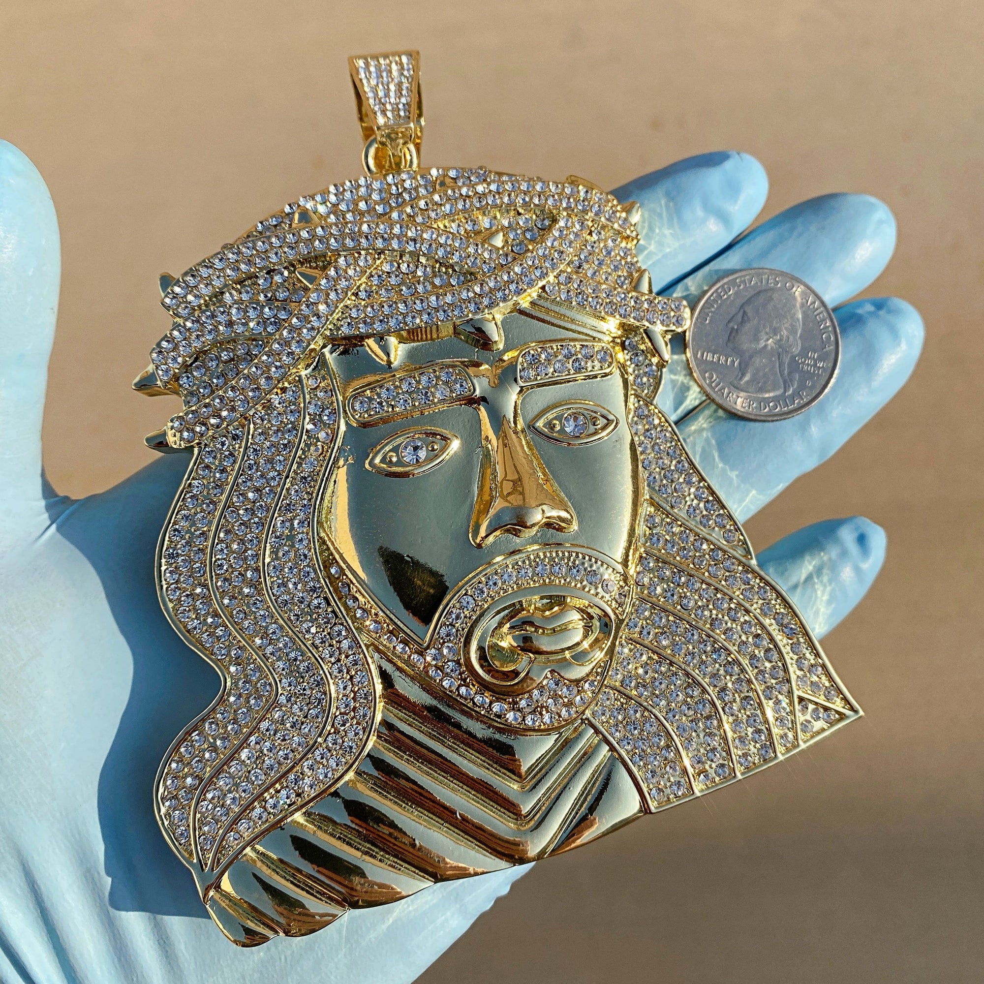 14K Gold Finish Jesus Head Huge Jumbo Pendant Iced Eyebrows