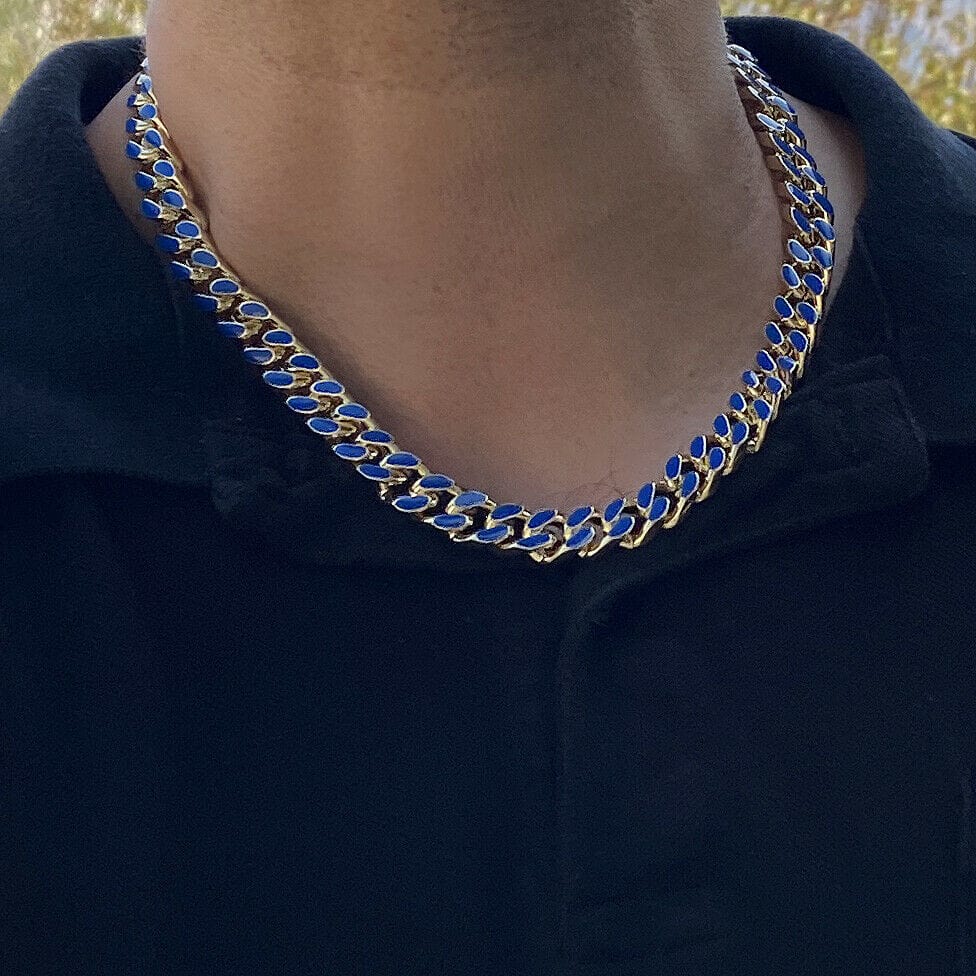 14K Gold Plated 20" Blue Cuban Link Chain Necklace