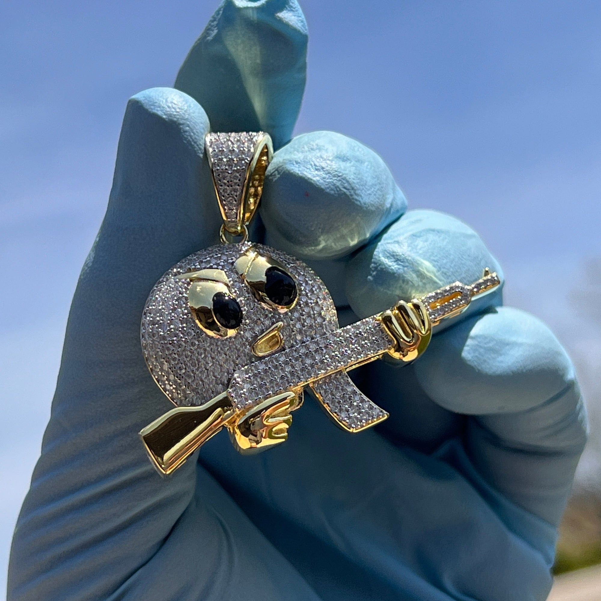 14K Gold Plated 925 Sterling or All Silver Angry Face Emoji AK47 Gun M