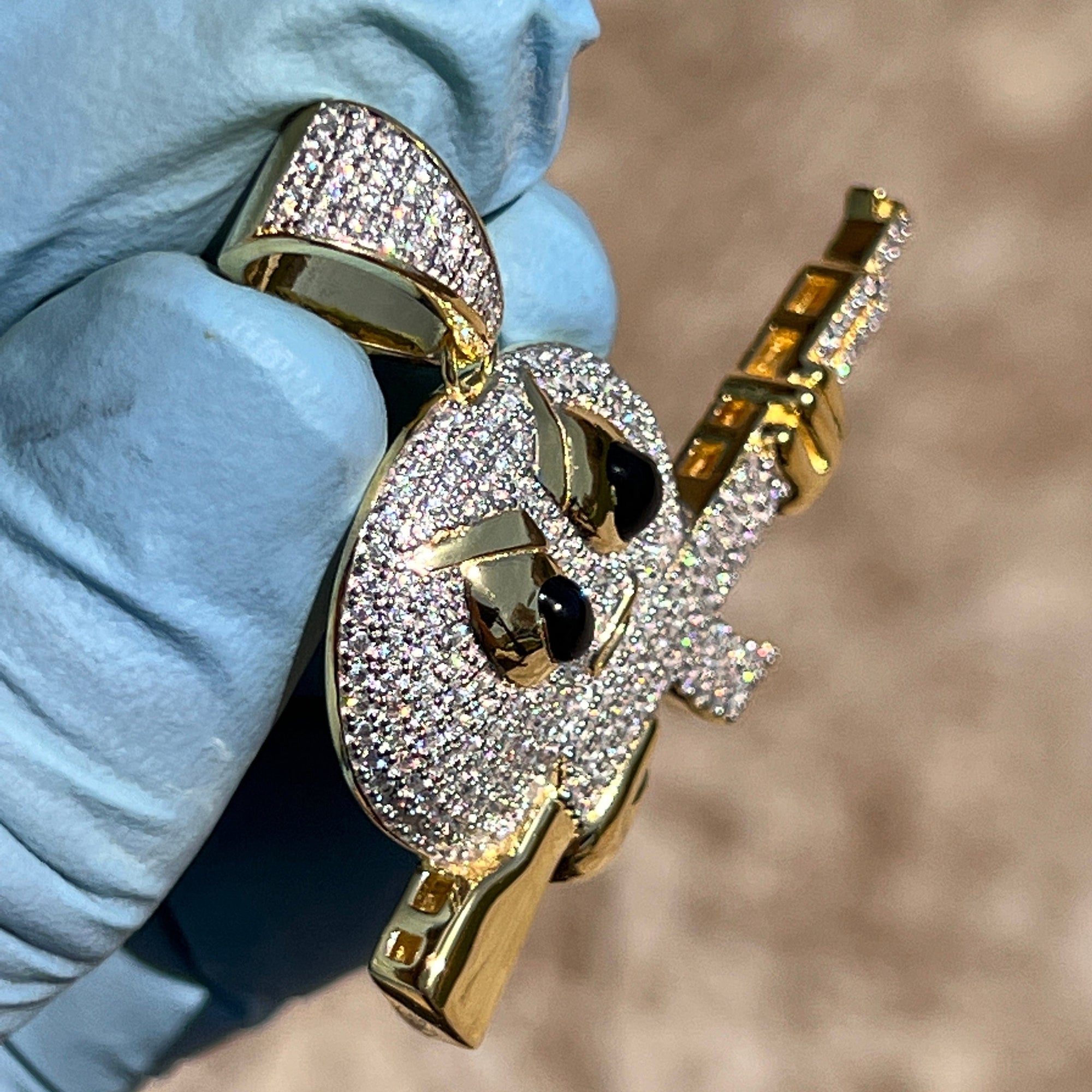 14K Gold Plated 925 Sterling or All Silver Angry Face Emoji AK47 Gun M