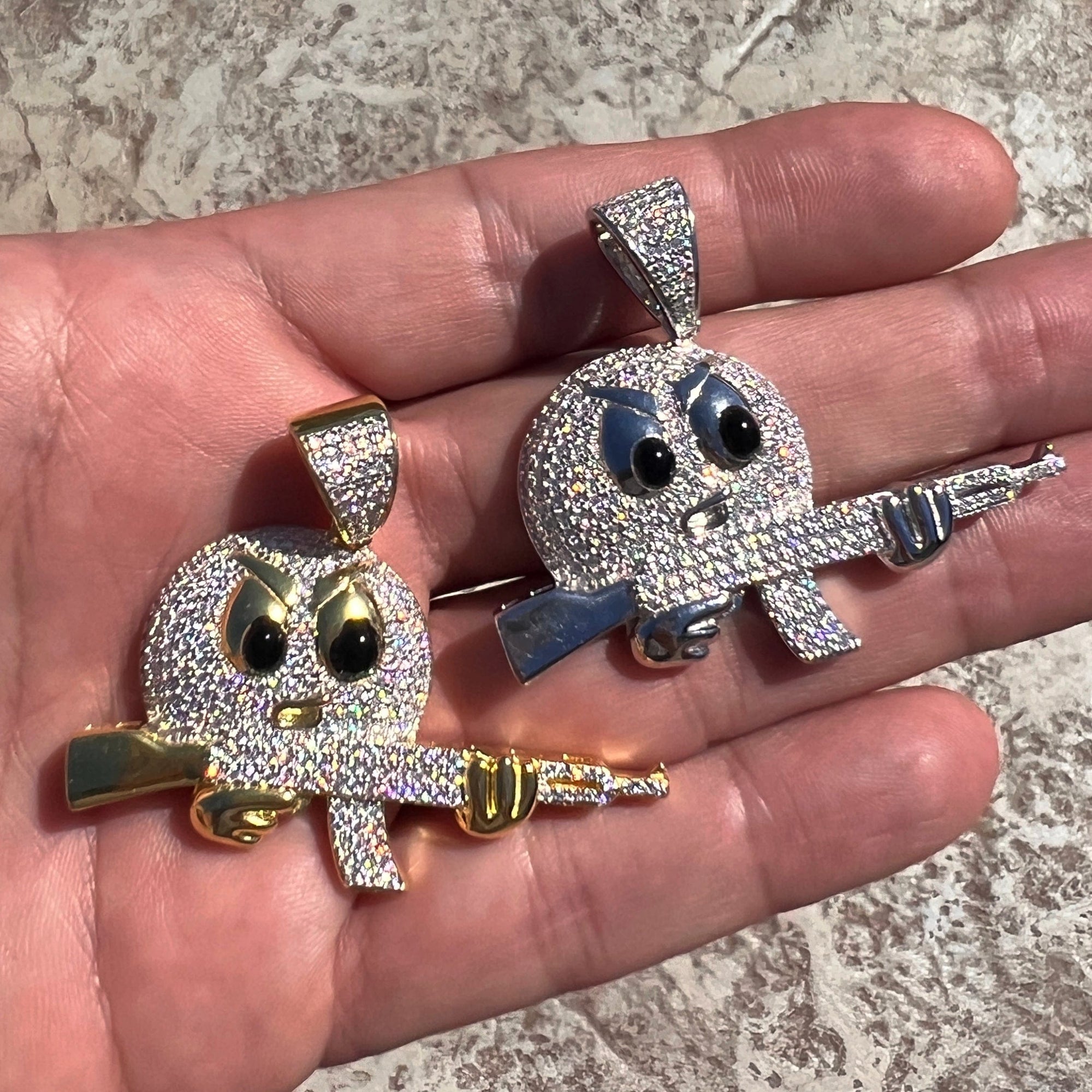 14K Gold Plated 925 Sterling or All Silver Angry Face Emoji AK47 Gun M