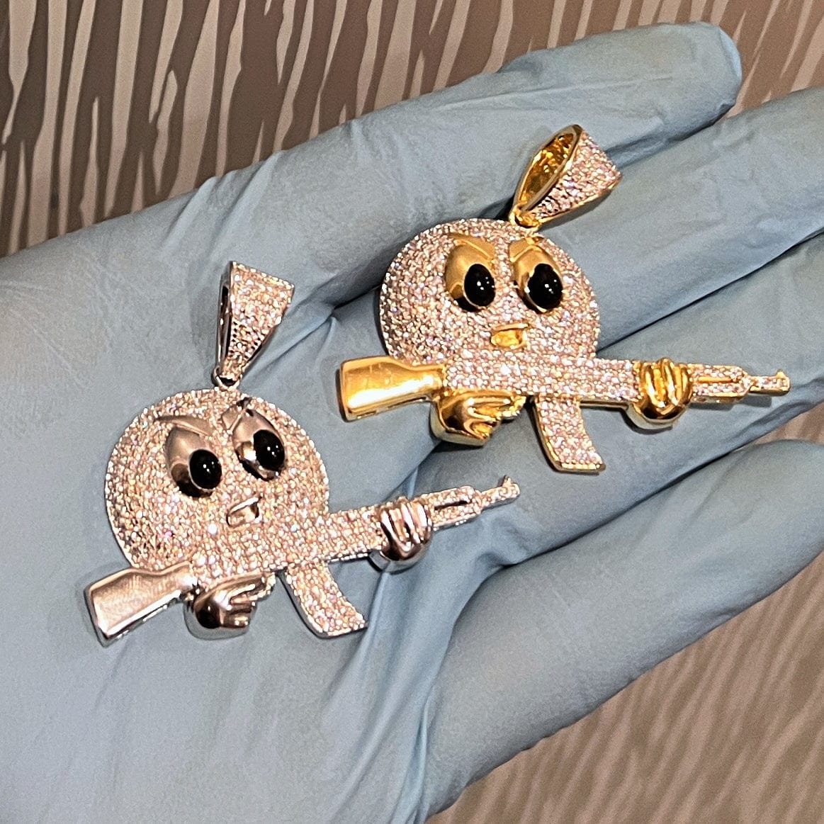 14K Gold Plated 925 Sterling or All Silver Angry Face Emoji AK47 Gun M