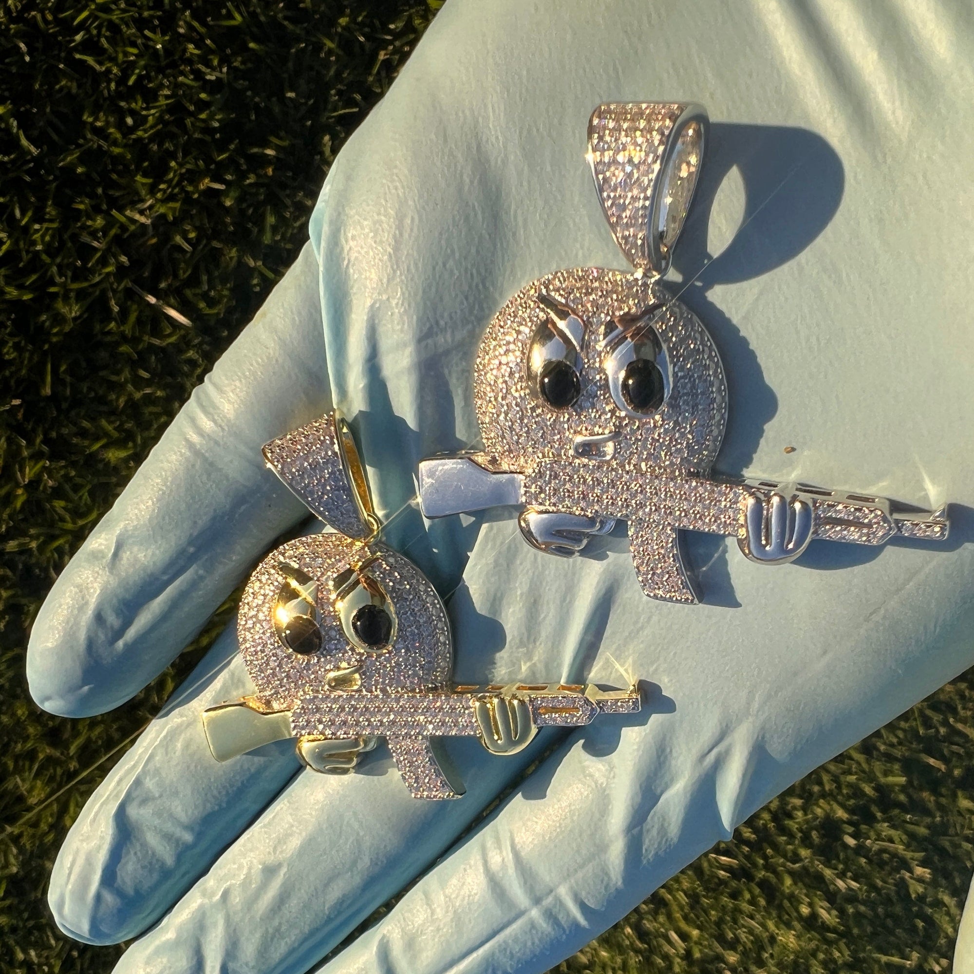14K Gold Plated 925 Sterling or All Silver Angry Face Emoji AK47 Gun M