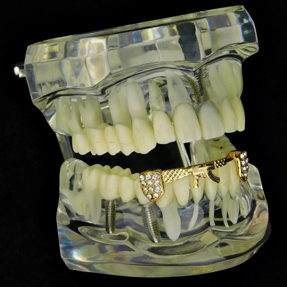 14K Gold Plated AK-47 Gun Rifle Bottom Teeth Iced Grillz