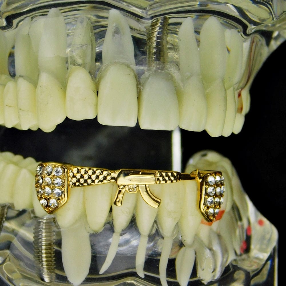 14K Gold Plated AK-47 Gun Rifle Bottom Teeth Iced Grillz