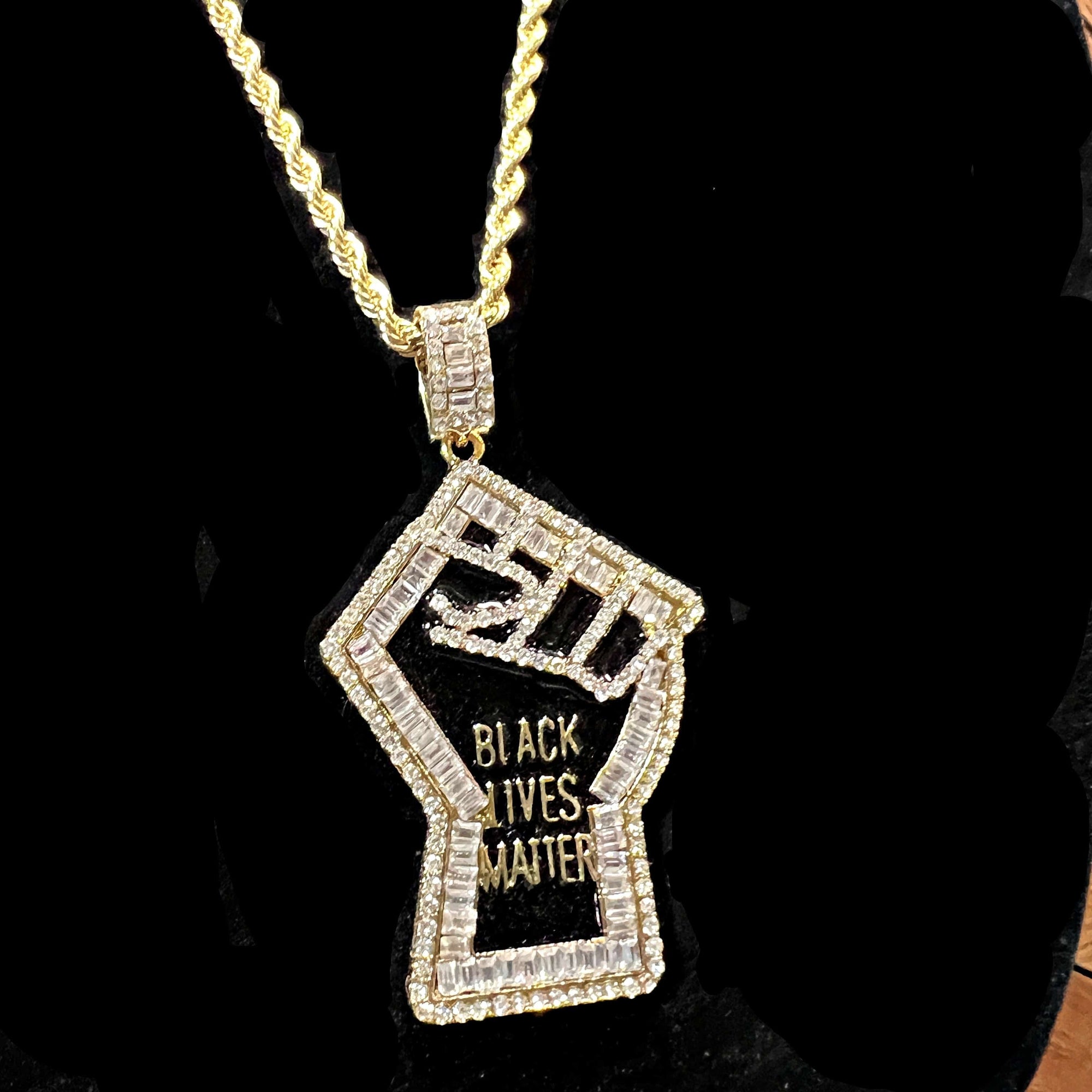 14K Gold Plated BLM Fist Black Lives Matter CZ Baguettes Rope Chain 30
