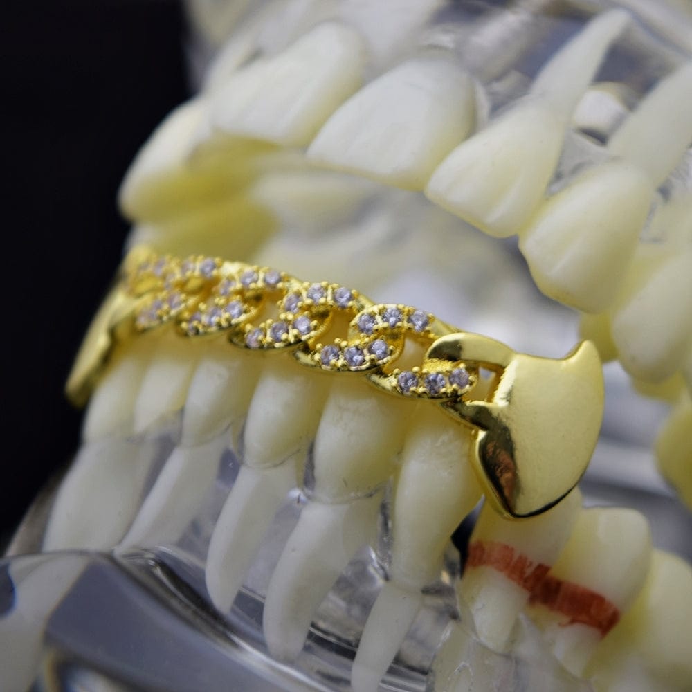 14K Gold Plated Cuban Iced CZ Bottom Vampire Fangs Grillz