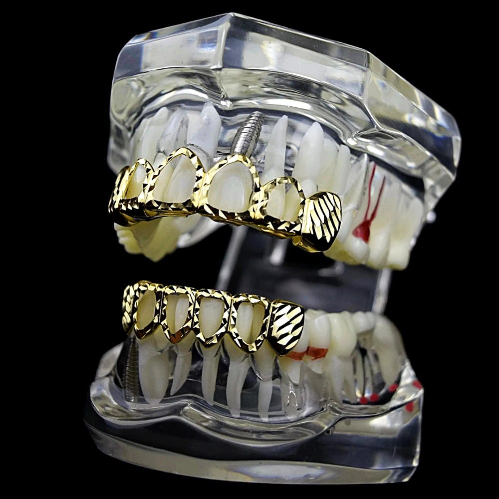 14K Gold Plated Diamond-Cut Four Open Face 4 Windows Grillz Set