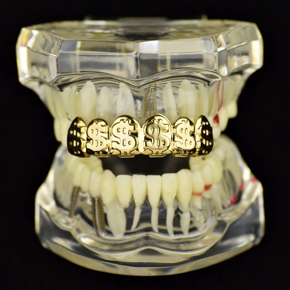 14K Gold Plated $ Dollar Signs Top Teeth Grillz
