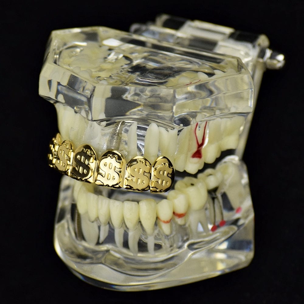 14K Gold Plated $ Dollar Signs Top Teeth Grillz