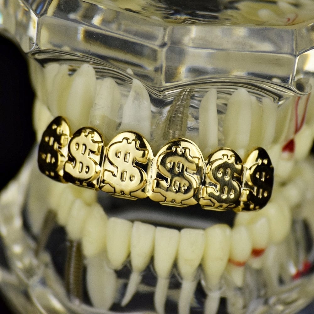 14K Gold Plated $ Dollar Signs Top Teeth Grillz