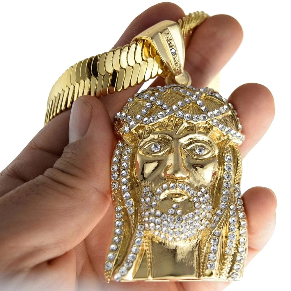 14K Gold Plated Herringbone Chain 14MM 30" w/Jesus Head Pendant