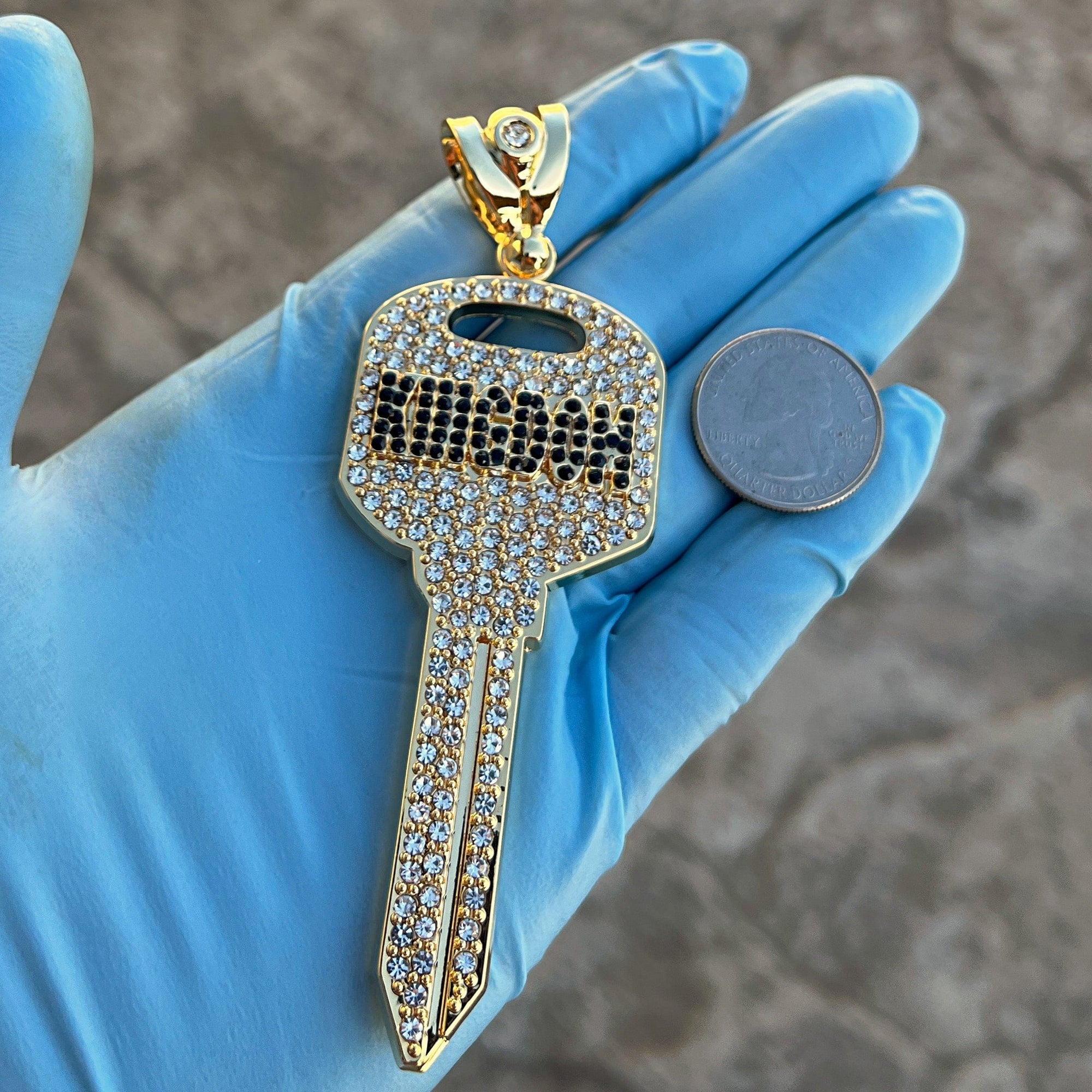 14K Gold Plated Huge Kingdom Key Pendant Iced Flooded Out