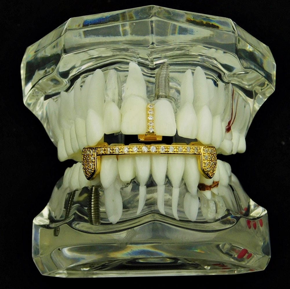 14K Gold Plated Iced CZ Gap & Bar Teeth Grillz Set