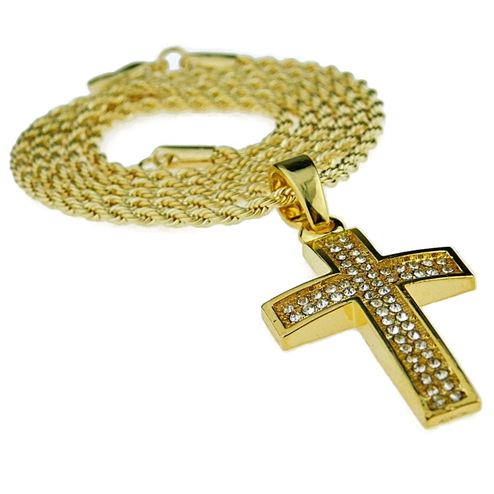 14k Gold Plated Iced Micro Curved Cross Rope Chain 24"
