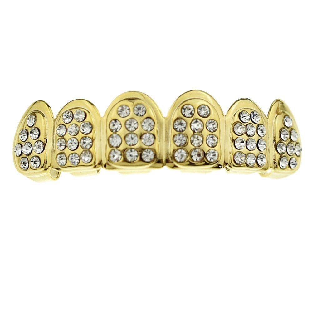 14K Gold Plated Iced Tombstone Top Teeth Grillz