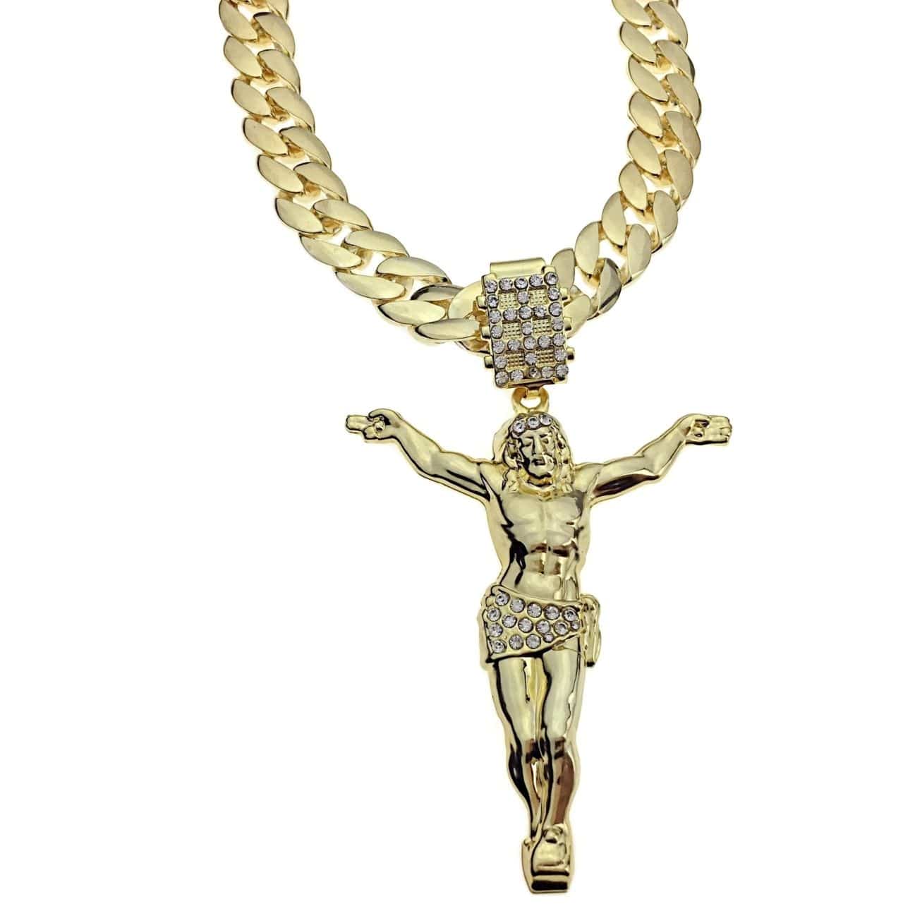 14k Gold Plated Jesus Body 3.5" Pendant Cuban Chain Necklace 33"