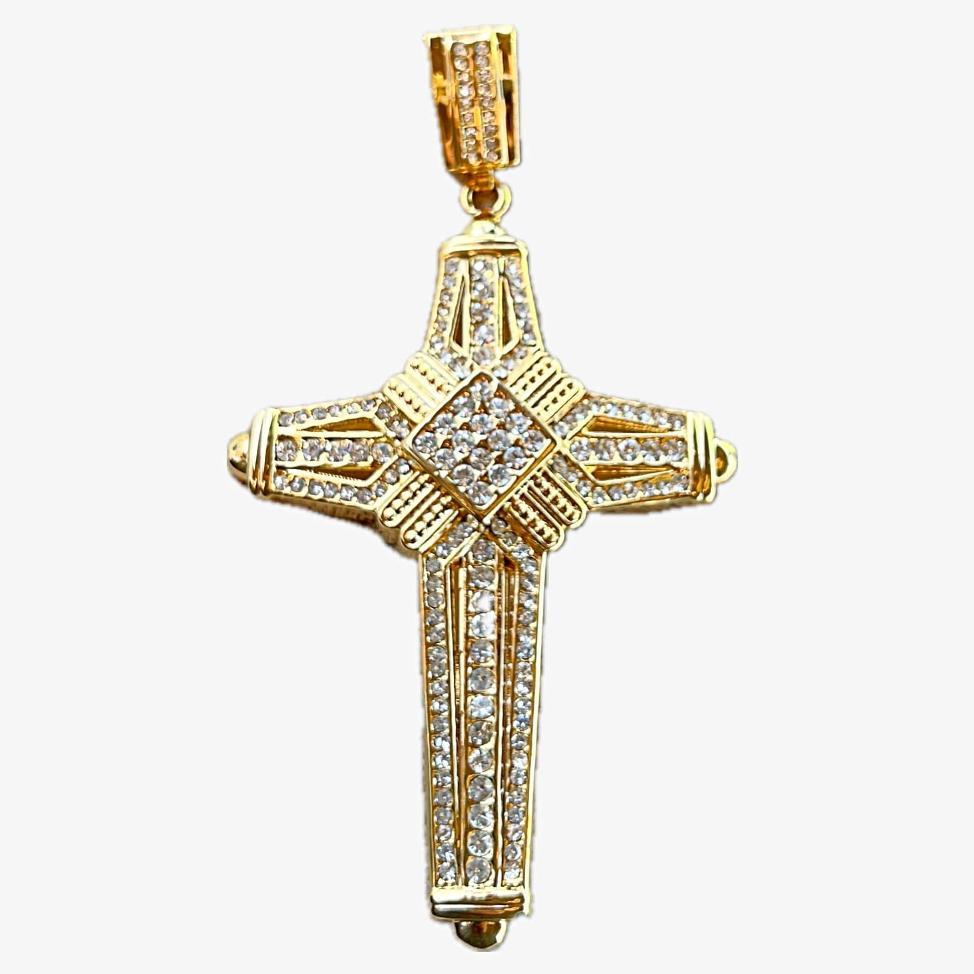 14k Gold Plated Latin Cross Hip Hop Pendant Silver Tone Iced Bling Out