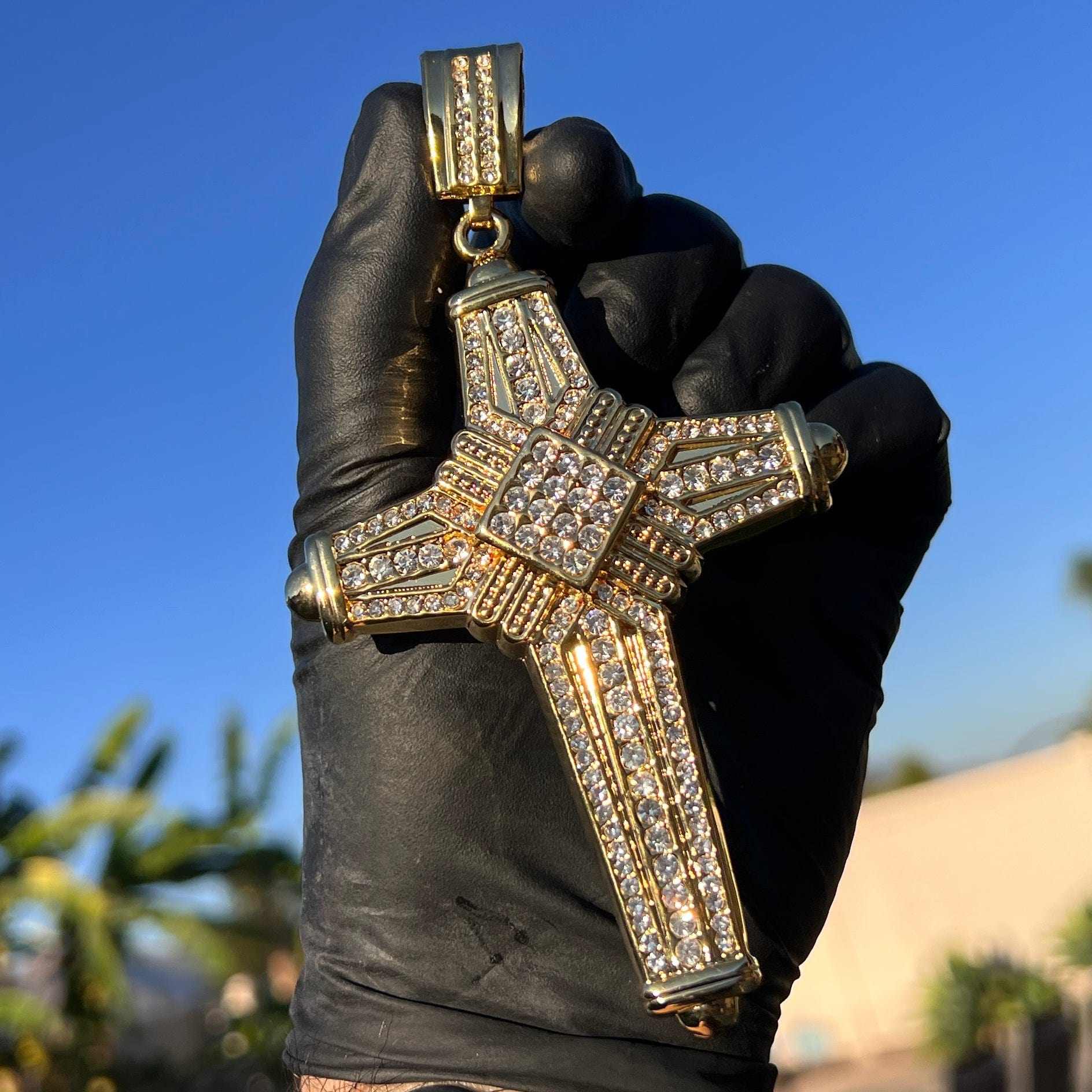 14k Gold Plated Latin Cross Hip Hop Pendant Silver Tone Iced Bling Out