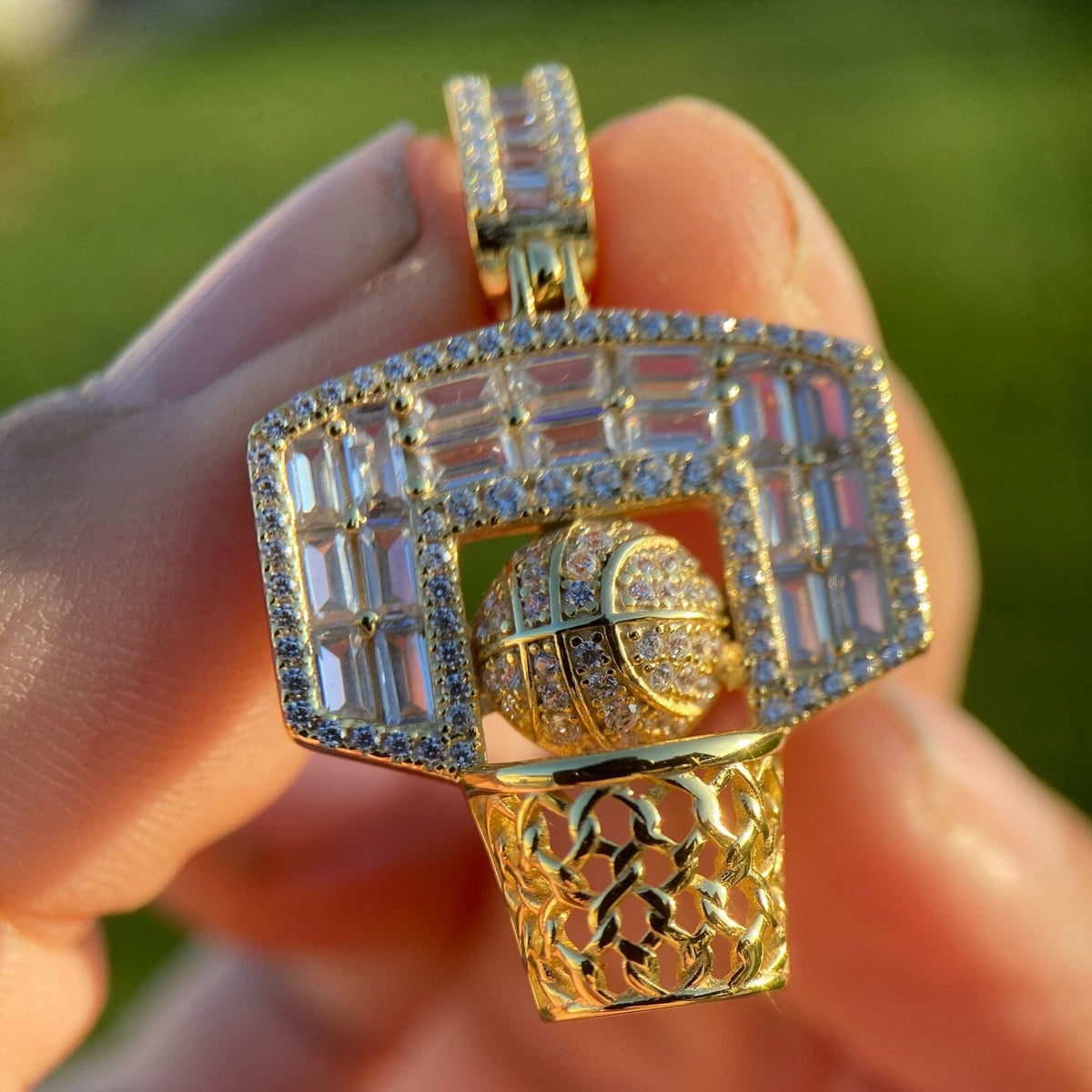 14K Gold Plated on 925 Sterling Silver Basketball Hoop Iced Pendant Fl