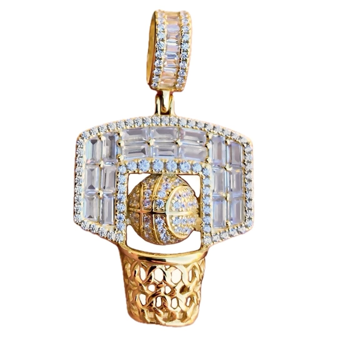 14K Gold Plated on 925 Sterling Silver Basketball Hoop Iced Pendant Fl