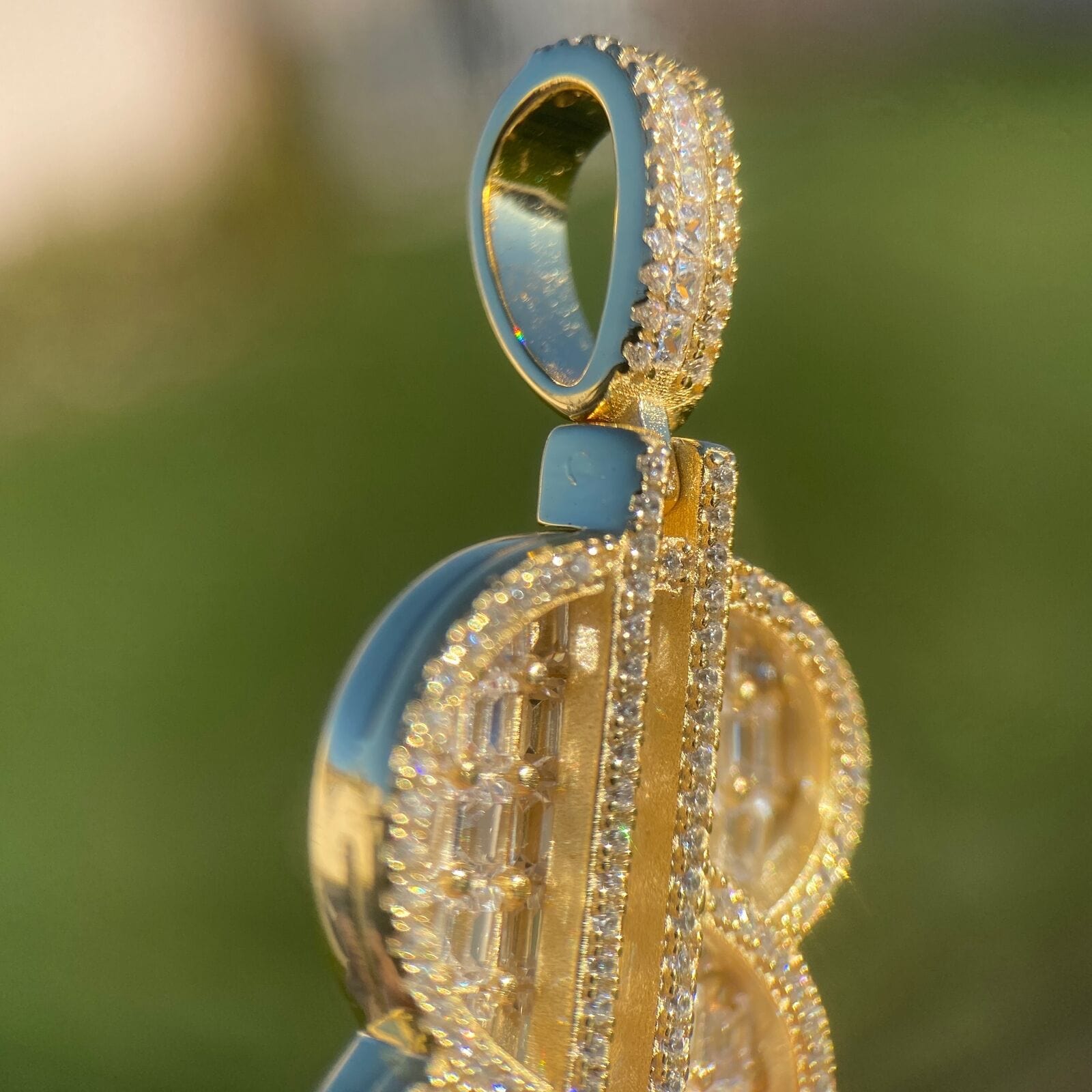 14K Gold Plated over 925 Silver Iced Dollar $ Sign Flooded Out CZ Bagu