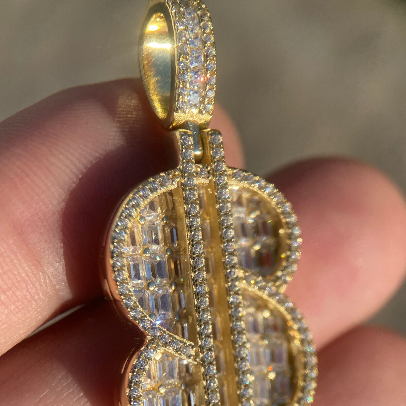 14K Gold Plated over 925 Silver Iced Dollar $ Sign Flooded Out CZ Bagu