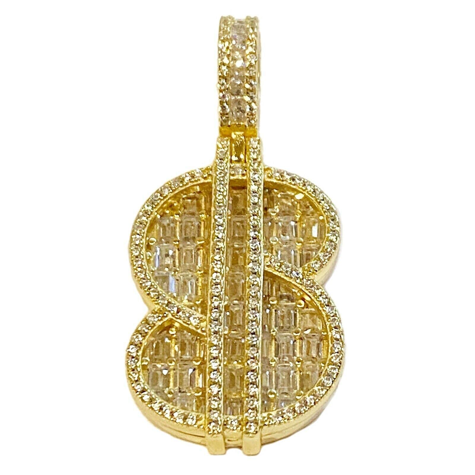 14K Gold Plated over 925 Silver Iced Dollar $ Sign Flooded Out CZ Bagu