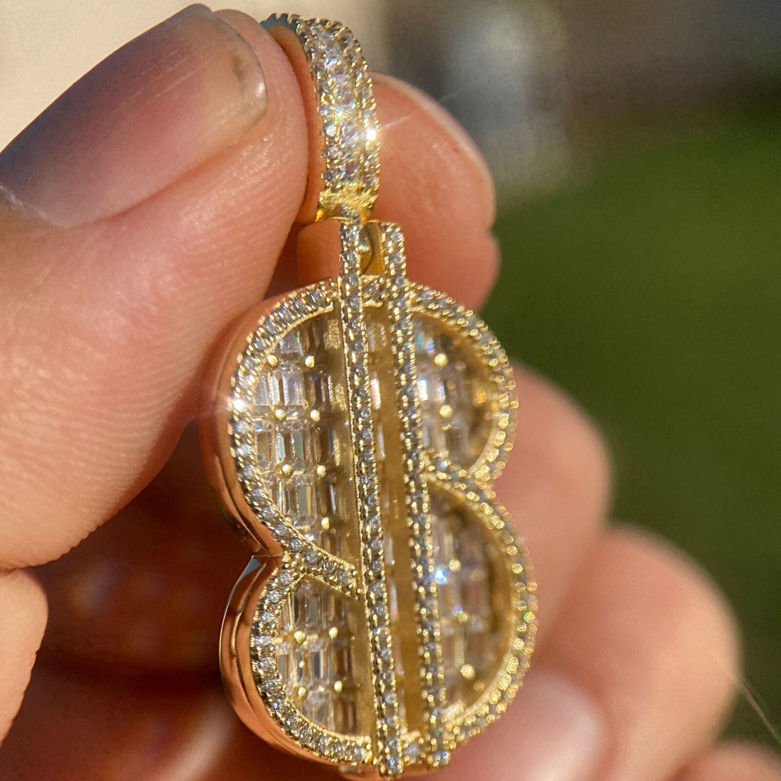 14K Gold Plated over 925 Silver Iced Dollar $ Sign Flooded Out CZ Bagu