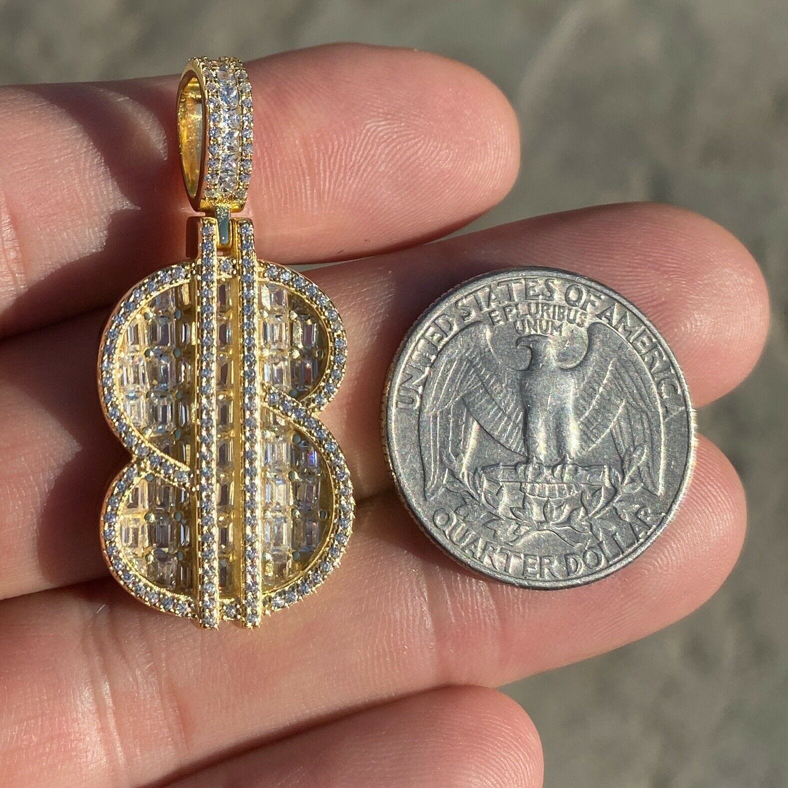14K Gold Plated over 925 Silver Iced Dollar $ Sign Flooded Out CZ Bagu