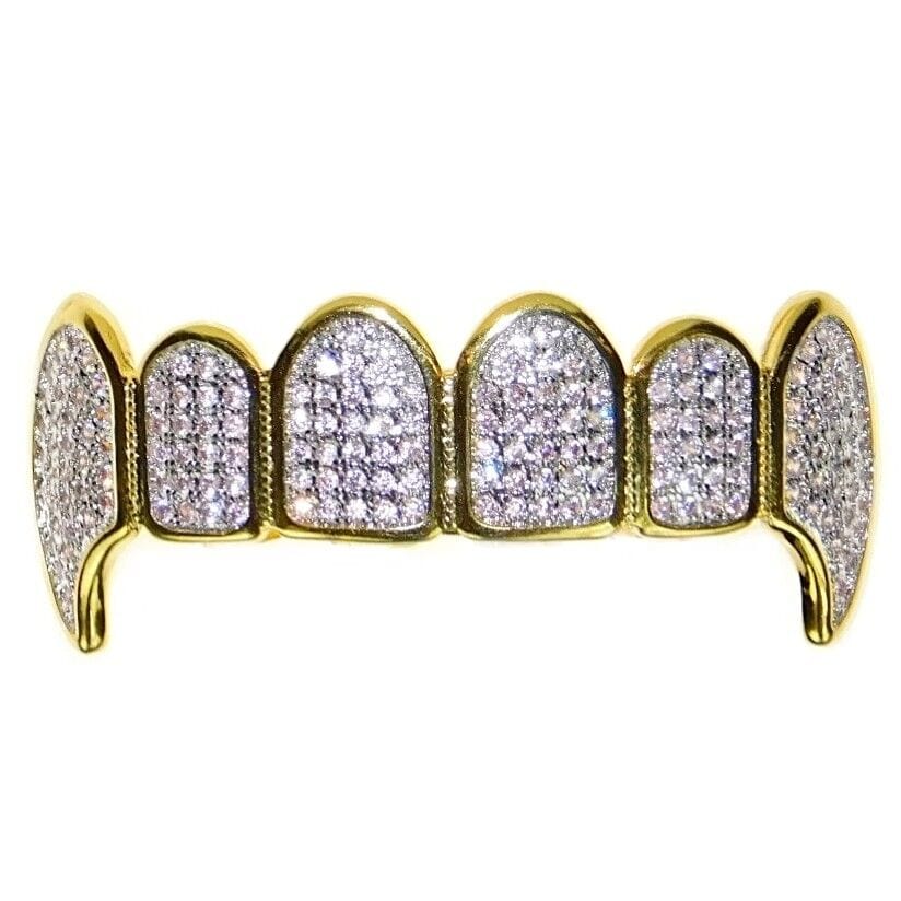 14K Gold Plated Premium Iced CZ Pink Iced Top Vampire Fangs Grillz