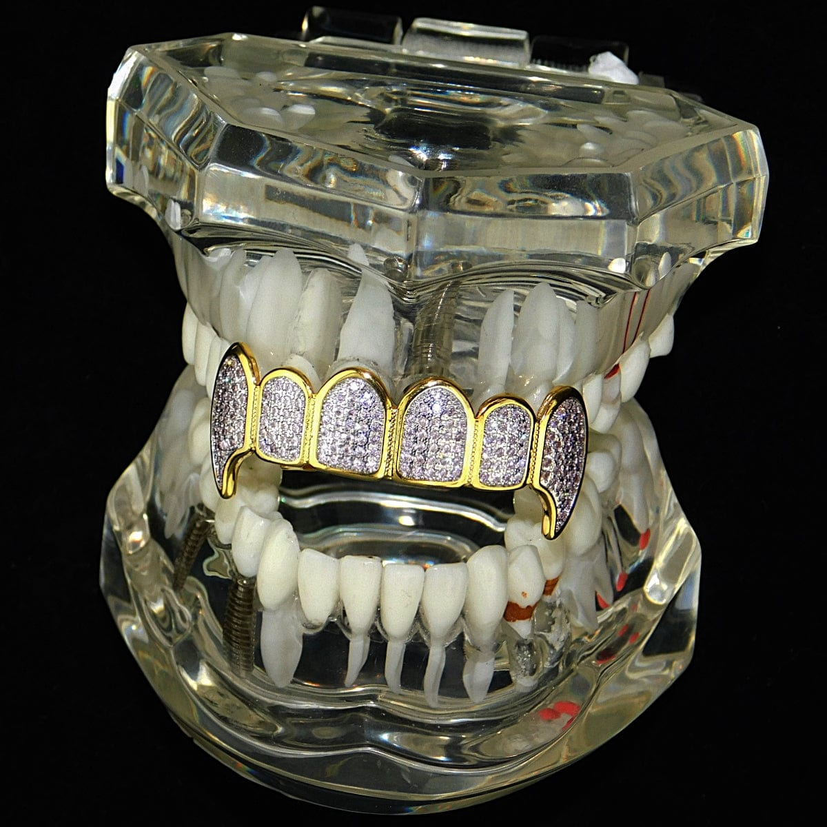 14K Gold Plated Premium Iced CZ Pink Iced Top Vampire Fangs Grillz
