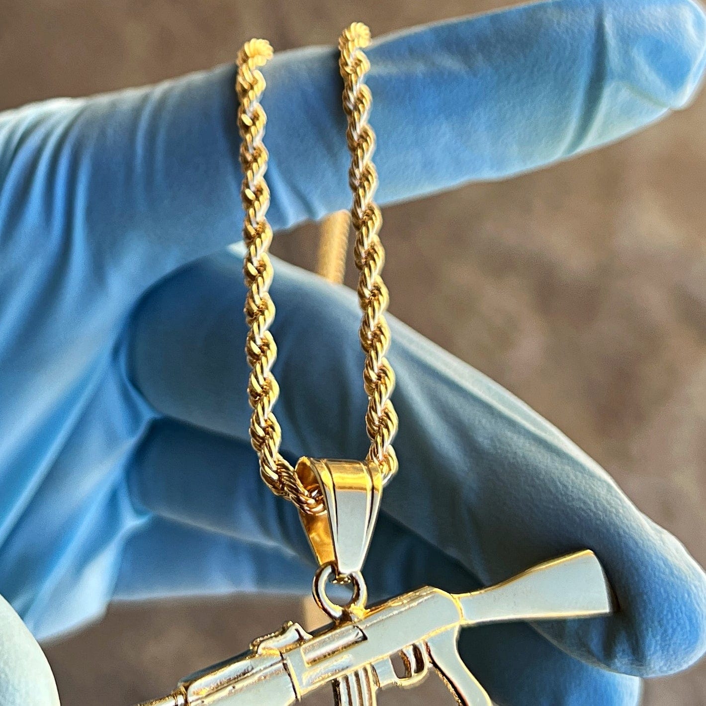 14K Gold Plated Rope Chain 24" 3MM w/ Stainless Steel AK-47 Gun Rifle