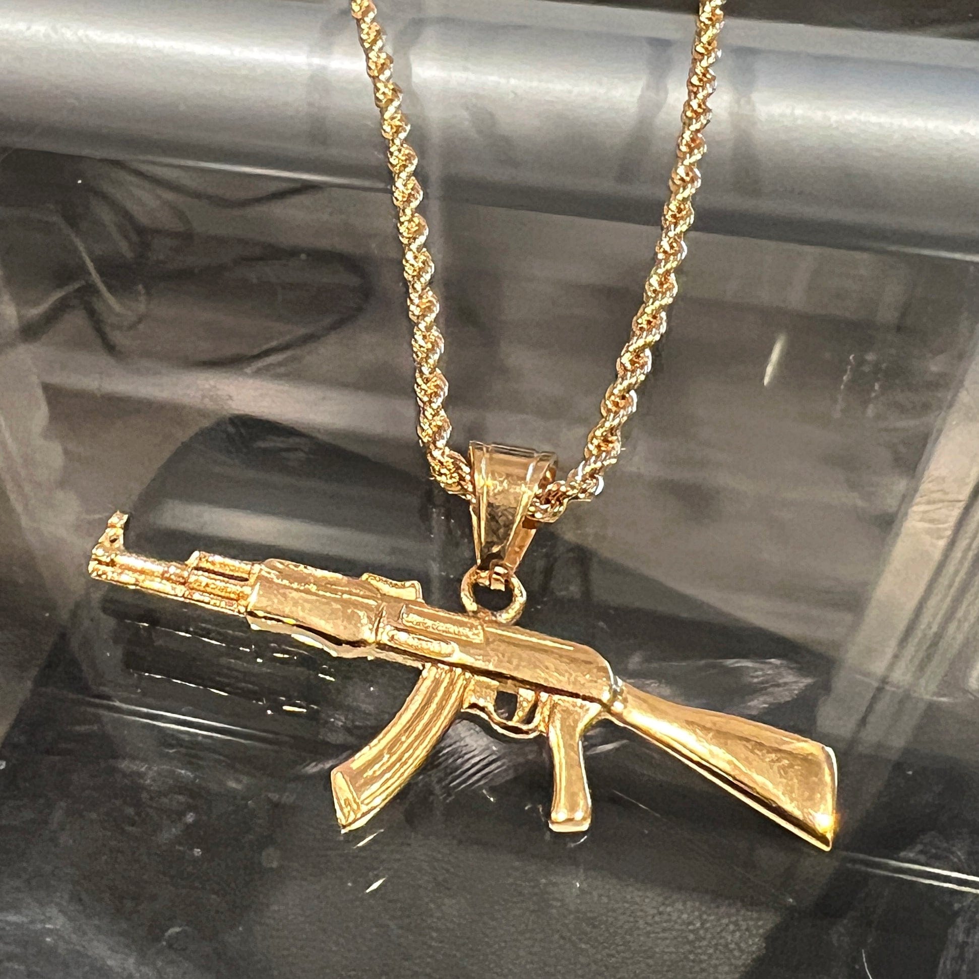 14K Gold Plated Rope Chain 24" 3MM w/ Stainless Steel AK-47 Gun Rifle