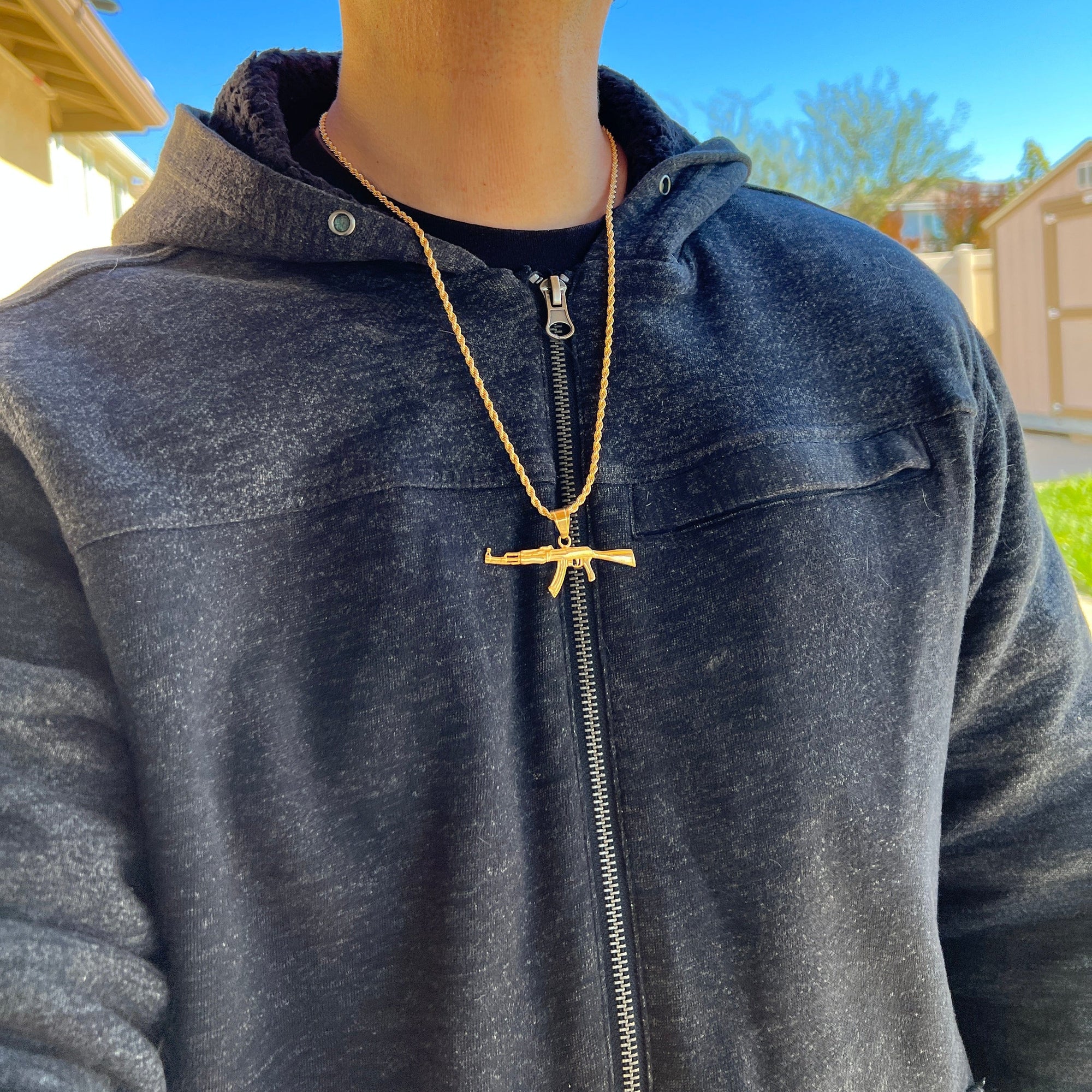 14K Gold Plated Rope Chain 24" 3MM w/ Stainless Steel AK-47 Gun Rifle