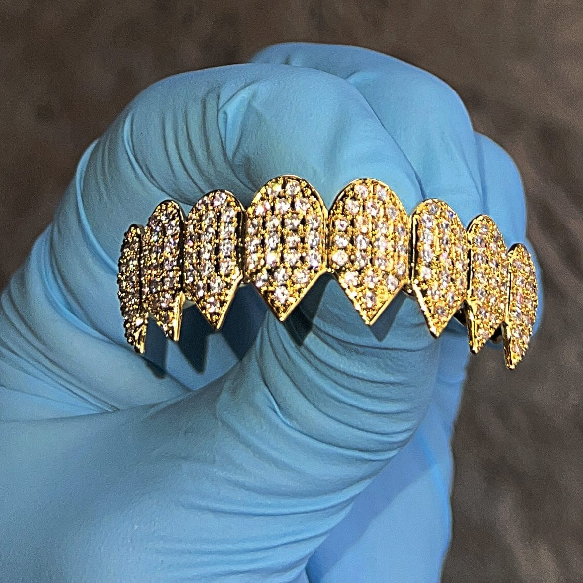 14K Gold Plated Shark Grillz Eight Top Iced Flooded Out CZ Teeth Grill