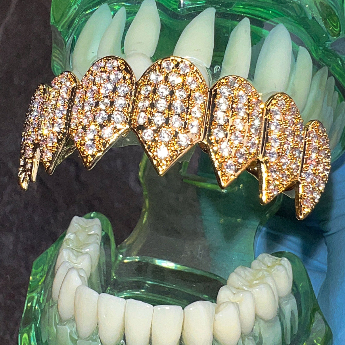 14K Gold Plated Shark Grillz Eight Top Iced Flooded Out CZ Teeth Grill