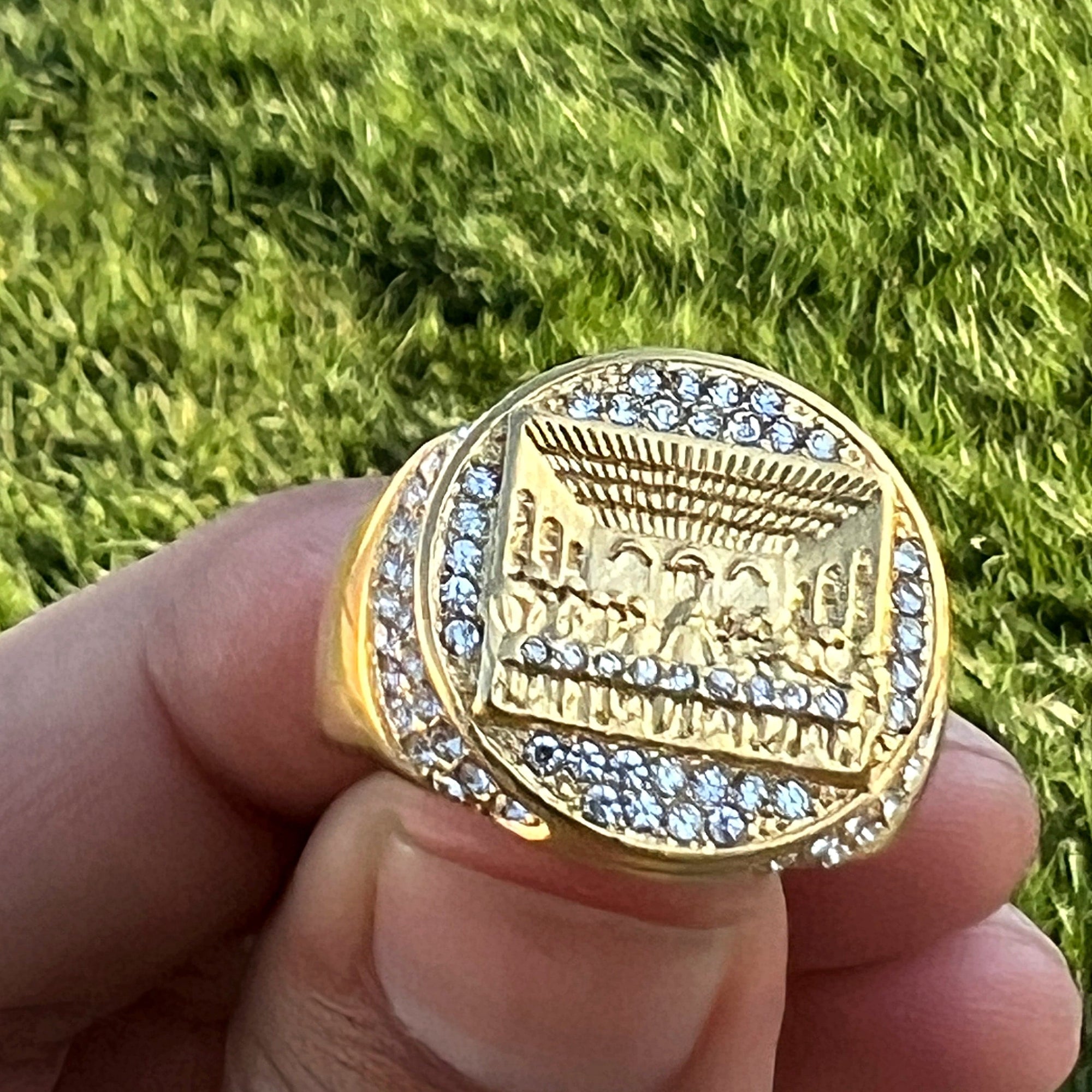 14K Gold Plated The Last Supper Round Ring Stainless Steel Iced Floode