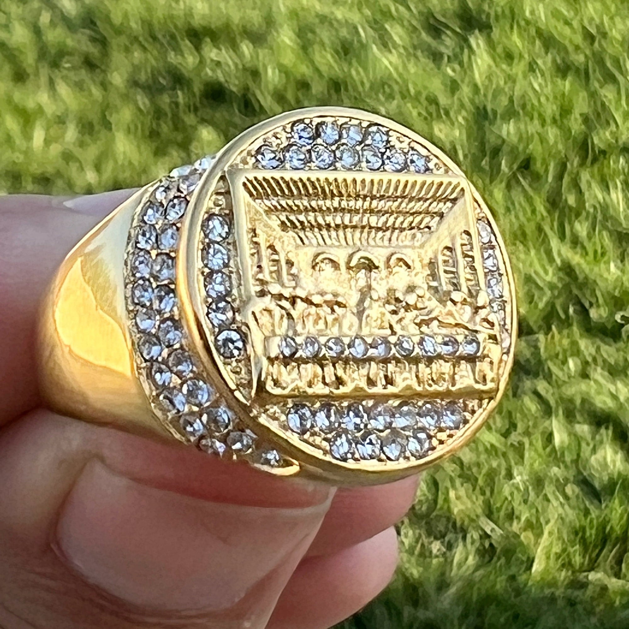 14K Gold Plated The Last Supper Round Ring Stainless Steel Iced Floode