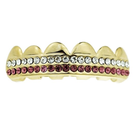 14K Gold Plated Two Row Pink Iced Top Teeth Grillz