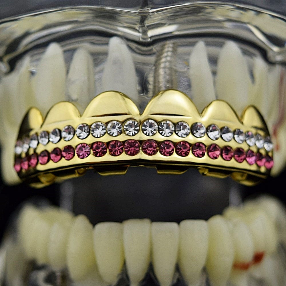 14K Gold Plated Two Row Pink Iced Top Teeth Grillz